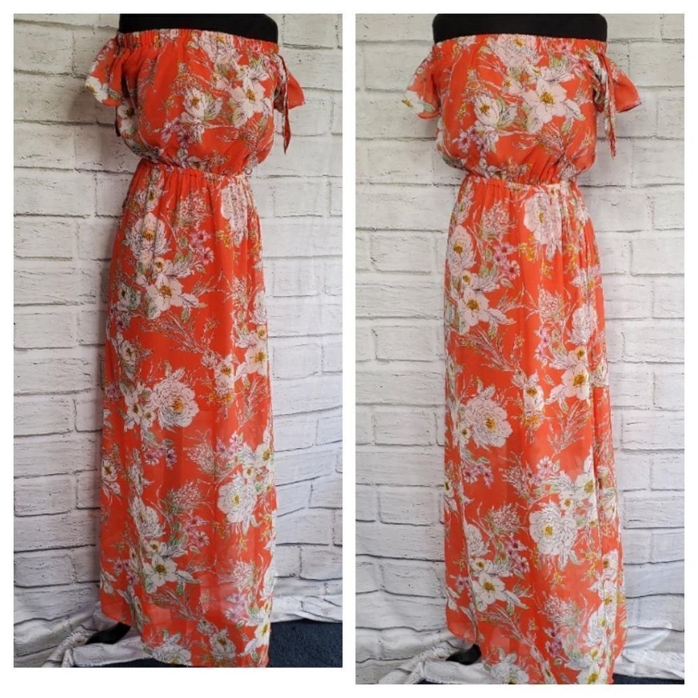 Gilli Off The Shoulder Floral Maxi Coral Dress - Gem